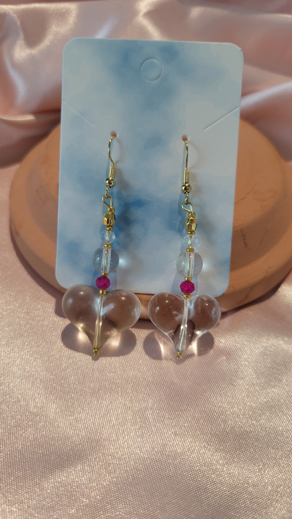 Pink & Clear Beaded Heart Dangle Earrings by When The Sun Doth Sleep